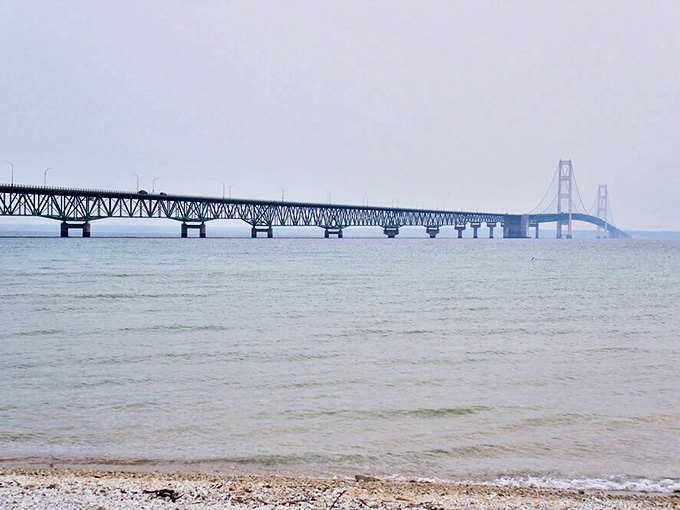 St. Ignace offers this postcard-perfect view of the Mackinac Bridge, where engineering marvel meets natural splendor across the straits.