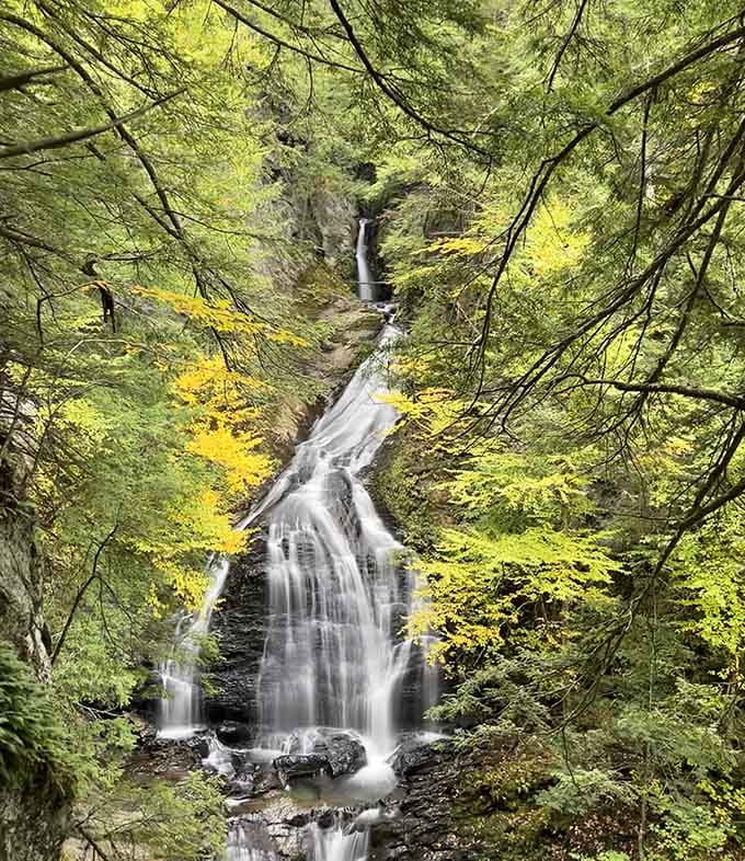 Moss Glen Falls proves that water and leaves together create magic that no special effects team could ever replicate.