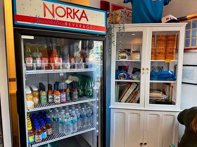 The beverage cooler stocks local Norka sodas alongside other drinks, because supporting local businesses is always the right move.