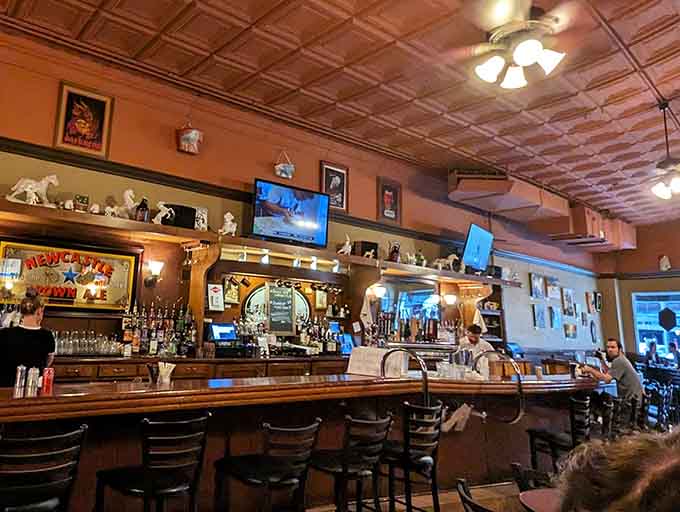 The bar stretches invitingly along the wall, bottles lined up like possibilities waiting to become your next favorite drink.