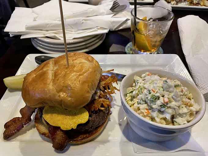 The Hangover Burger lives up to its name with towering layers of indulgence, the breakfast-meets-lunch creation your weekend mornings desperately need.