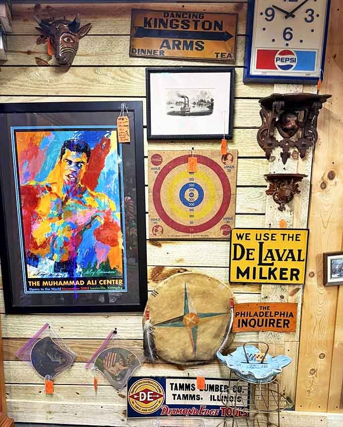 Muhammad Ali's vibrant portrait holds court among vintage advertisements, proving legends never fade but only grow more colorful with time.