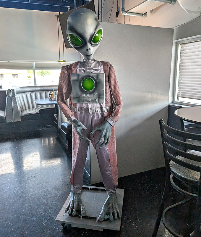 This life-sized alien greeter stands watch in the dining room, silently observing earthlings enjoying their breakfast with an enigmatic green-eyed stare.