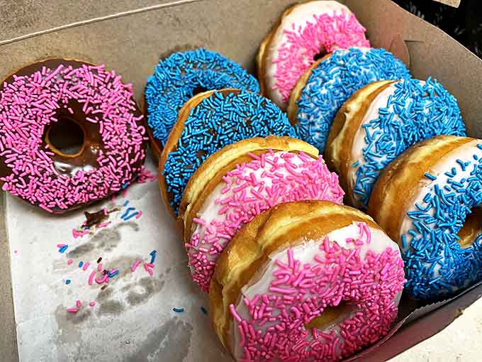 Pink and blue sprinkled donuts create a gender reveal party for your taste buds &ndash; no explosives required, just explosive flavor.