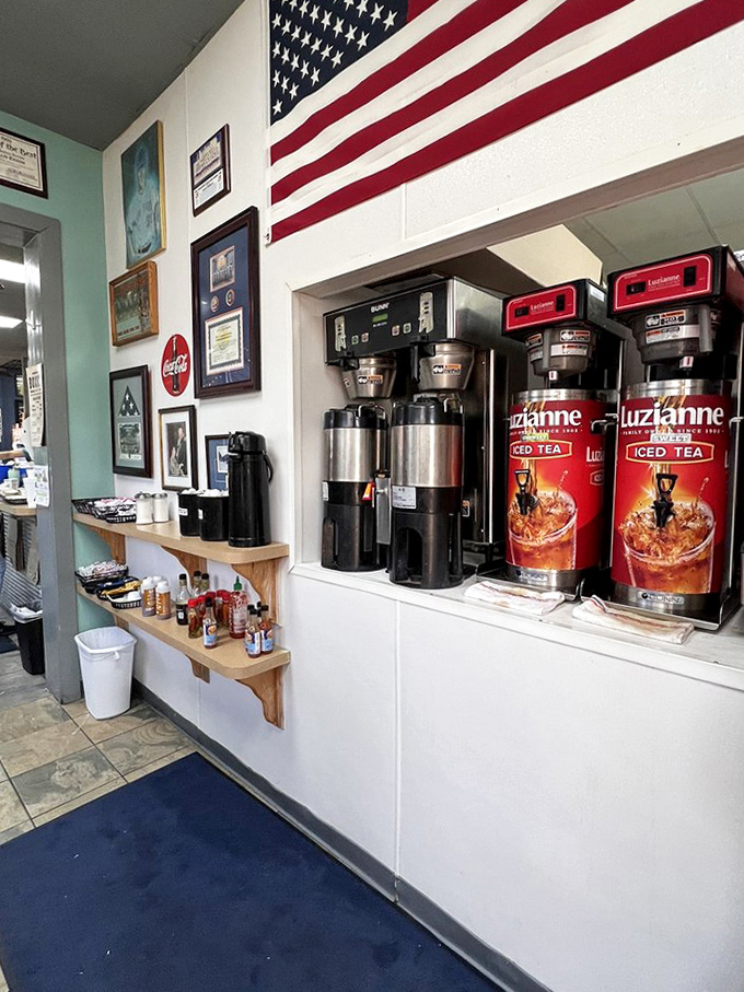 Sweet tea and coffee station under Old Glory &ndash; because nothing complements American comfort food better than properly sweetened Southern beverages.