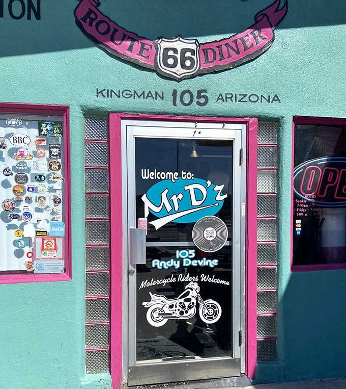 The entrance welcomes motorcycle riders and road trippers alike, promising good food and Route 66 memorabilia inside these mint green walls.