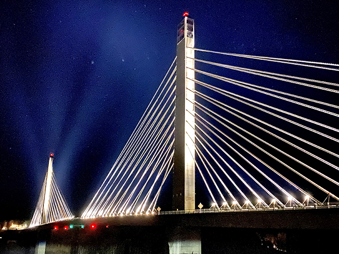 As darkness falls, the bridge transforms into a ribbon of light stretching across the Penobscot &ndash; Maine's very own constellation brought down to earth. 