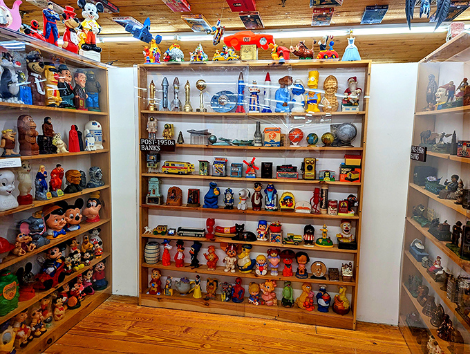 Colorful figurines stand at attention, a plastic army of childhood memories from decades of pop culture phenomena.