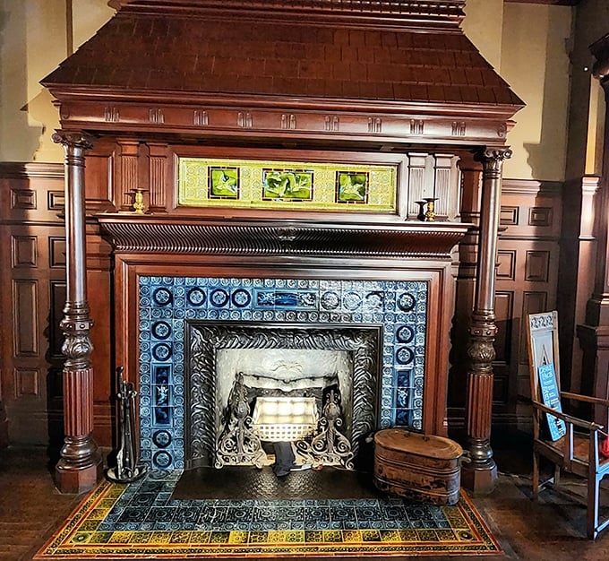 This fireplace is so elaborately decorated that starting an actual fire in it almost seems disrespectful to the tilework and carved details.