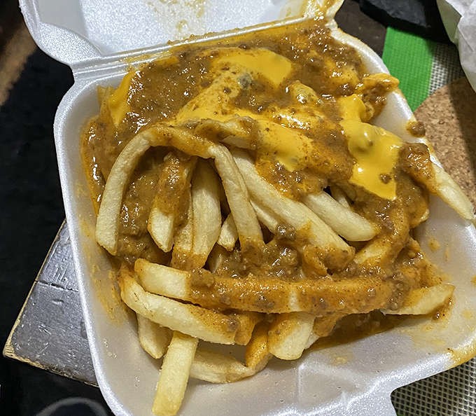Chili cheese fries &ndash; a beautiful mess of crispy potatoes, savory meat sauce, and melted cheese that demands to be devoured immediately.