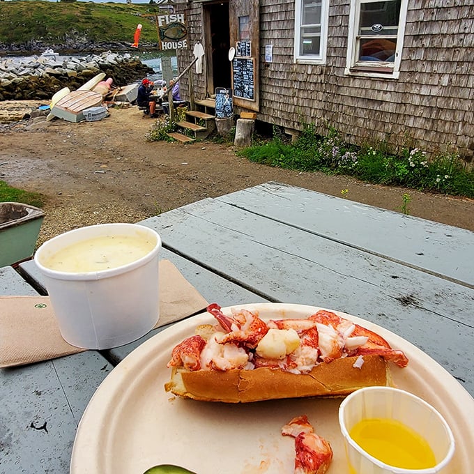 The ultimate Maine delicacy &ndash; sweet lobster meat barely kissed with mayo on a toasted roll, enjoyed with ocean views and salty breezes.