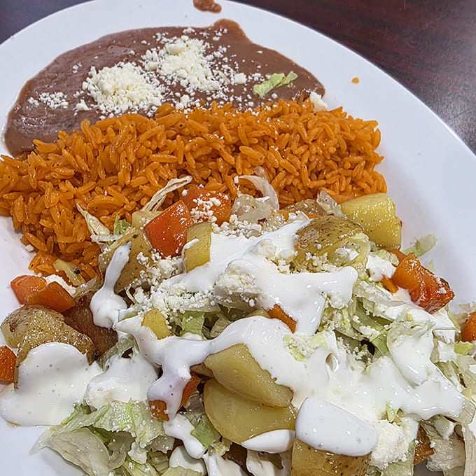 A perfect trinity of Mexican comfort – seasoned rice, creamy refried beans, and vegetables dressed in sour cream create a plate that satisfies all cravings.