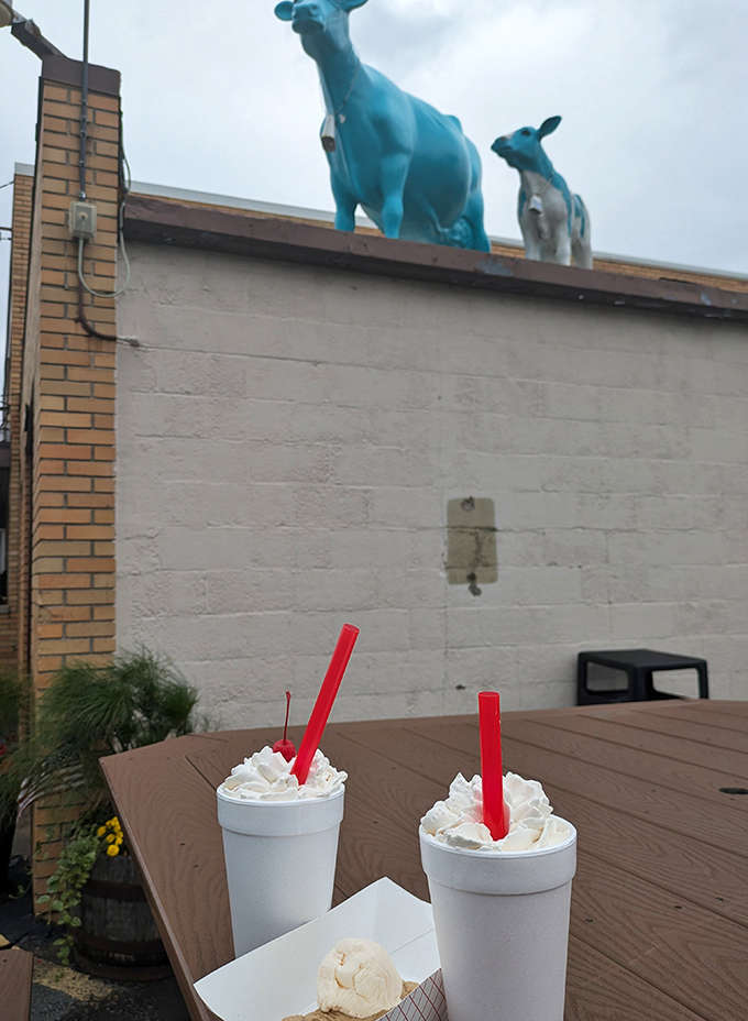 Under the watchful gaze of Sherman's blue cow mascots, these milkshakes stand tall, topped with clouds of whipped cream and childhood nostalgia.