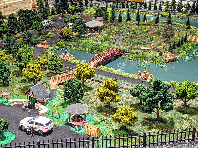 Tranquility in miniature &ndash; this Japanese garden offers a peaceful counterpoint to the bustling railroad activity nearby.