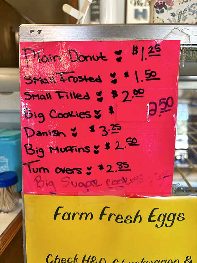 Hand-written prices on bright paper &ndash; a charming reminder that you're in a place where personal touches still matter more than slick presentation.