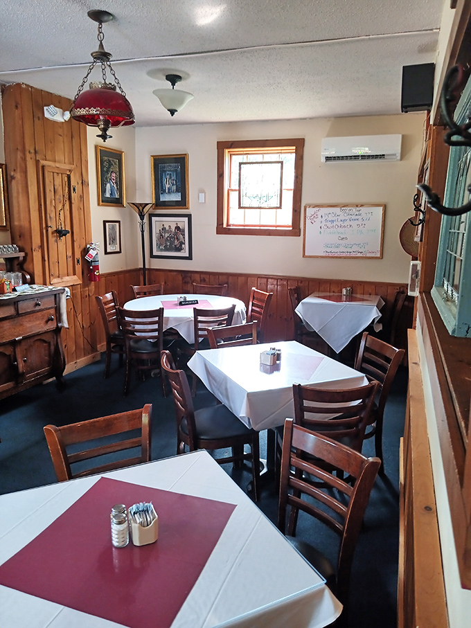 The dining room awaits early risers &ndash; white tablecloths and wooden chairs ready for the morning rush of hungry Vermonters and visitors alike.