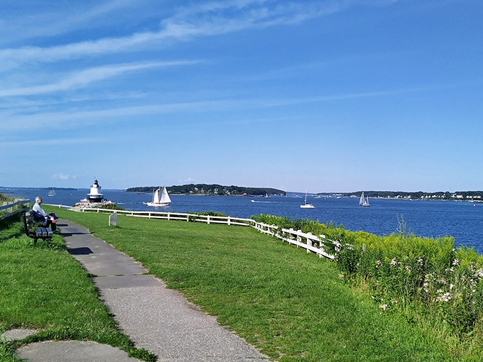 White sails dot the blue harbor waters, with Spring Point Ledge providing both a navigational aid and a picture-perfect backdrop for summer sailing.