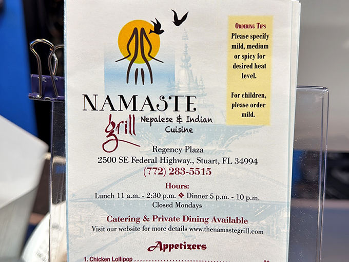 Essential information about Namaste Grill, including hours and contact information for planning your visit.