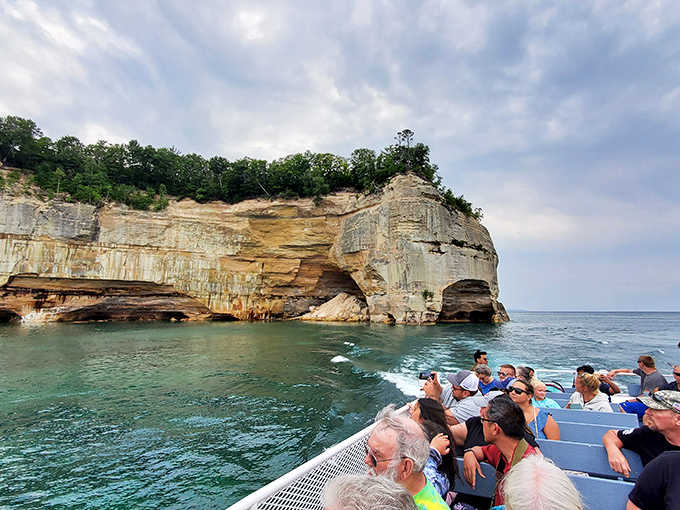 Tourists aboard Pictured Rocks Cruises get the perfect vantage point of the colorful cliffs, without having to worry about paddling in Lake Superior's sometimes challenging waters.