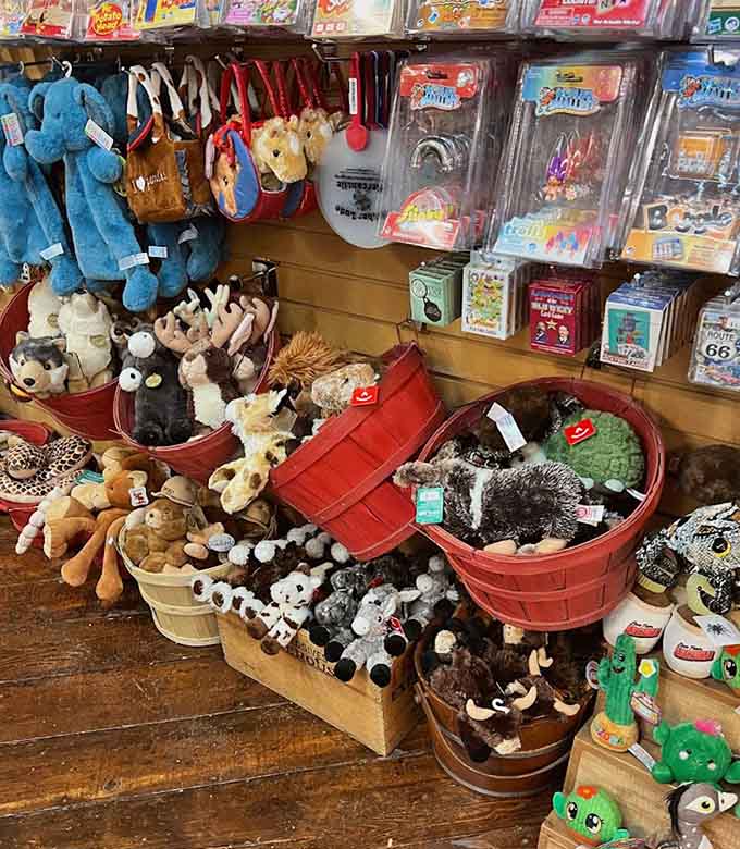 Stuffed animals tumble from baskets in a plush menagerie, featuring desert critters and cuddly companions that make kids squeal and adults remember childhood toy stores fondly.