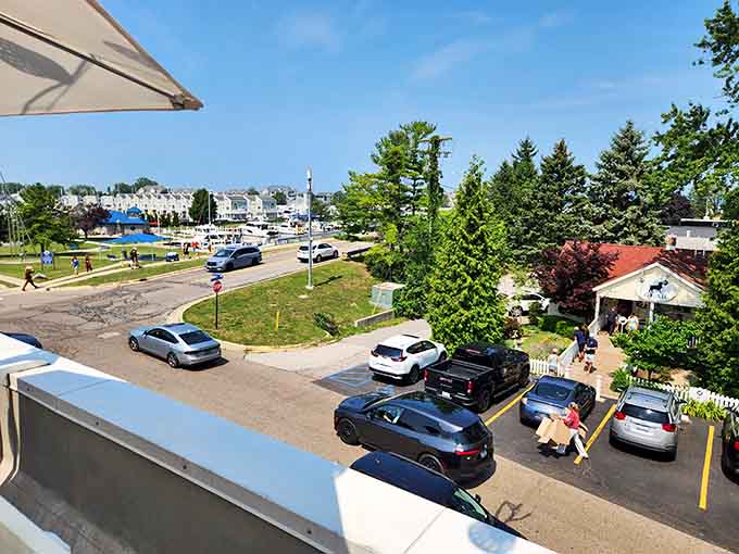 That view from the patio reminds you why people flock to New Buffalo, with charming architecture and lakeside vibes in every direction.