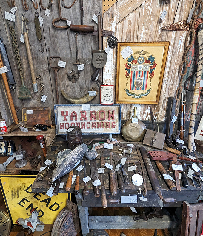 A workbench frozen in time displays hand tools from when "Made in USA" was the norm rather than the exception.