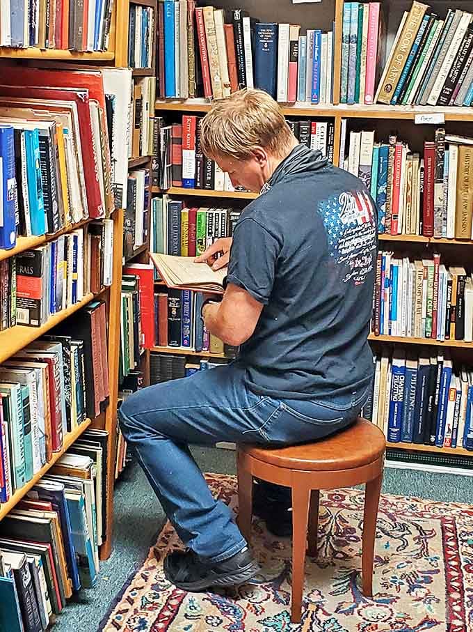 The bookshop section creates a haven for bibliophiles, where time slows as visitors lose themselves in literary treasures.