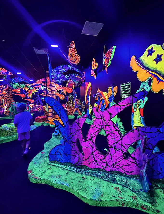 Blacklight mini-golf transforms ordinary putting into a neon wonderland where even bad shots look spectacular.