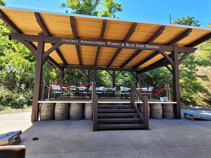 The outdoor pergola offers a shaded sanctuary for sipping and socializing when Michigan weather cooperates.