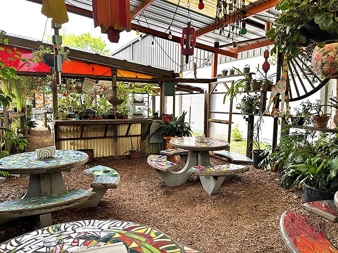 The outdoor patio feels like dining in an artist's garden&mdash;mosaic tables, lush plants, and enough visual interest to make waiting for food a pleasure.