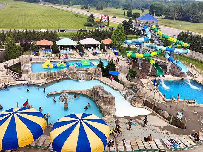 This aerial view reveals Zoombezi Bay's thoughtful design &ndash; multiple pools and play areas ensuring fun for every age and courage level.