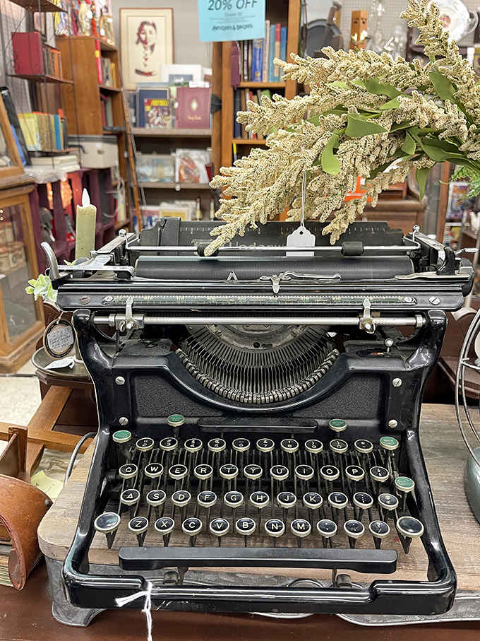 This classic typewriter sits ready for inspiration, its keys having possibly clacked out love letters, novels, or business correspondence in a pre-digital age.