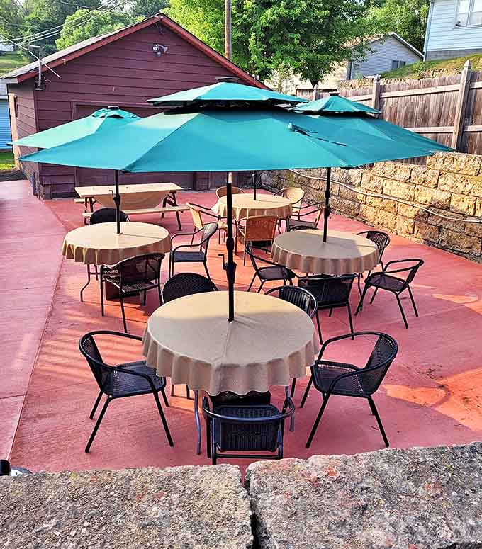 Simple tables with umbrellas create the perfect outdoor setting for enjoying a meal while watching Galena life unfold.