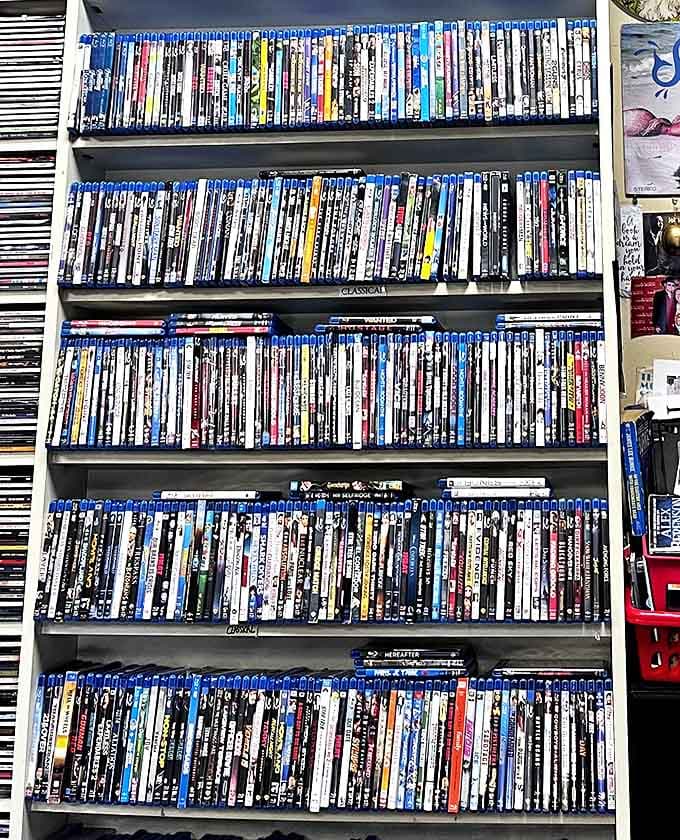 Movie buffs can browse shelves of Blu-rays organized by genre, a physical film festival curated by someone with impeccable taste.