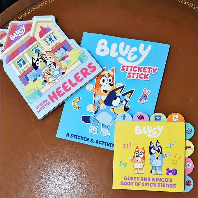 Bluey activity books brighten the children's section, their colorful covers promising stickers, songs, and stories for the youngest literary adventurers visiting Pages.