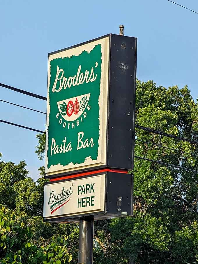 The vintage-style signage announces Broders' Pasta Bar like a beacon calling all carb enthusiasts to their happy place.