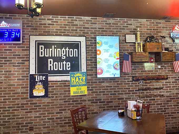 Vintage railroad memorabilia and exposed brick walls tell stories of American history while you enjoy your meal.