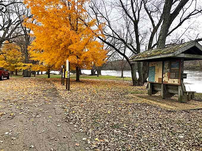 The park's information kiosk stands ready with maps and details for visitors who like to plan their adventures instead of just winging it.