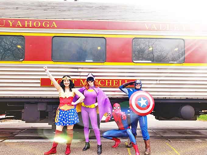 Superheroes assemble trackside! Special themed rides bring unexpected delights. Even Captain America appreciates the historic significance of American rail travel.