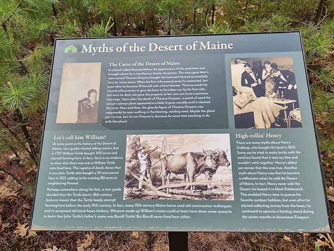 This informational sign explains the myths and legends surrounding the desert, including tales of camels and curses that add folklore to geology.