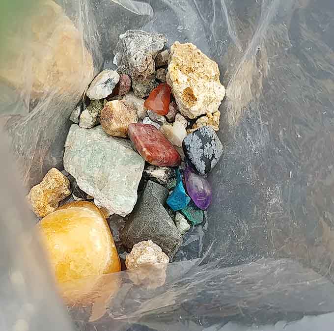 Your potential haul awaits in bags of possibility, each one containing who-knows-what geological wonders just waiting to be discovered and claimed.