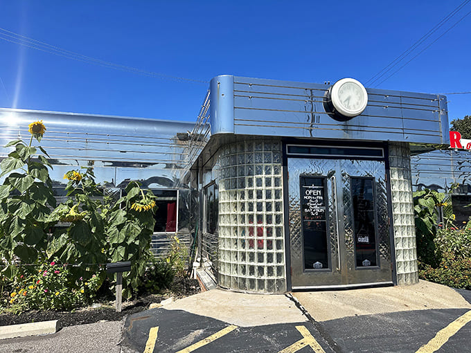 The entrance beckons with promises of comfort food and nostalgia, framed by distinctive glass blocks that filter the morning light into diamond patterns.