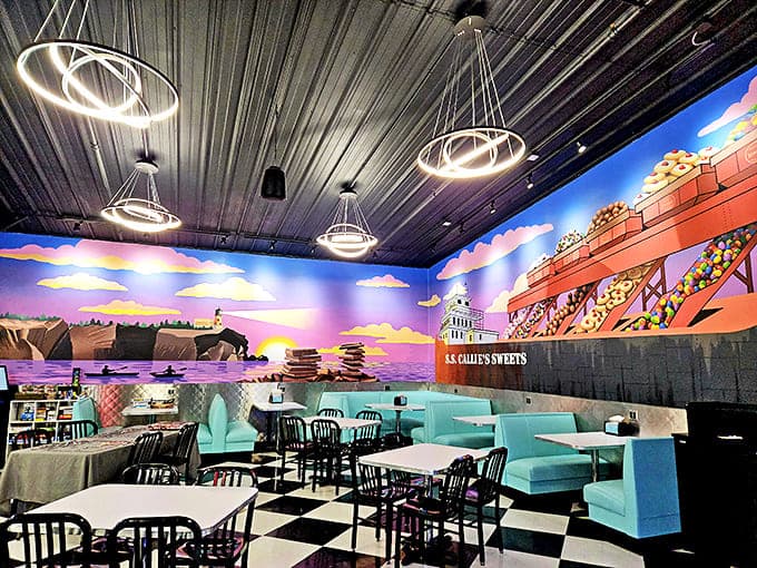 The whimsical mural transforms ordinary dining into an oceanside fantasy, complete with candy-laden ships sailing at sunset.