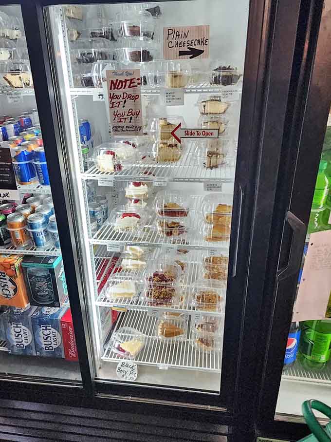 That dessert case is basically a glass monument to the art of homemade pies and cakes.