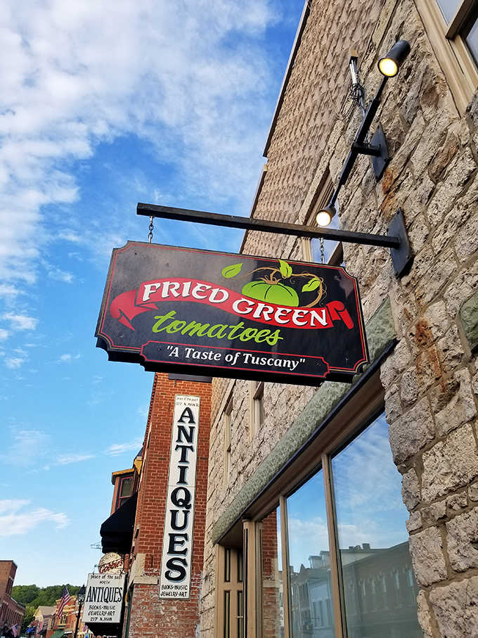 "A Taste of Tuscany" promises the sign, hanging like a delicious invitation against Galena's historic limestone backdrop.