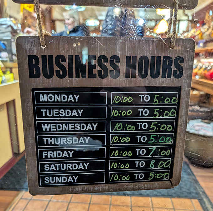 The shop's business hours promise seven days of sweetness &ndash; a candy calendar that locals and visitors alike set their watches by.