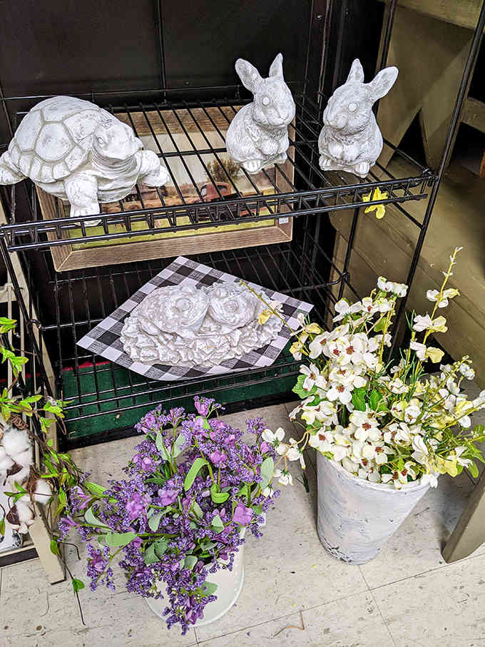 Garden decorations and seasonal florals bring perpetual spring indoors, with concrete bunnies and weathered planters ready to add character to any outdoor space.