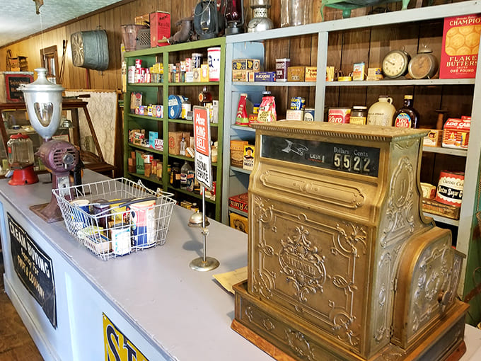 Inside the general store, vintage goods and an ornate cash register remind us that shopping once required patience, conversation, and actual cash money.