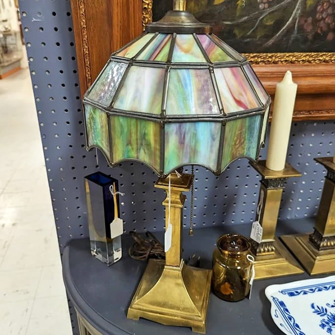 Stained glass lamps cast the same magical colored shadows today as they did in parlors a century ago.