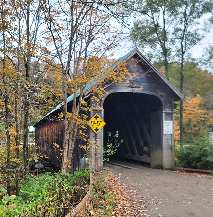 Autumn leaves frame a classic covered bridge, creating the quintessential Vermont scene just a short drive from downtown Bellows Falls.